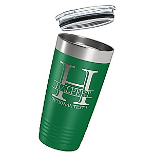 Personalized 20oz (17 Colors) Powder Coated Insulated Stainless Steel Tumbler with Lid, Custom Etched, Customized Engraved Gift Idea for Women Men Her Him, Halpert Monogram Initial Name (Green)