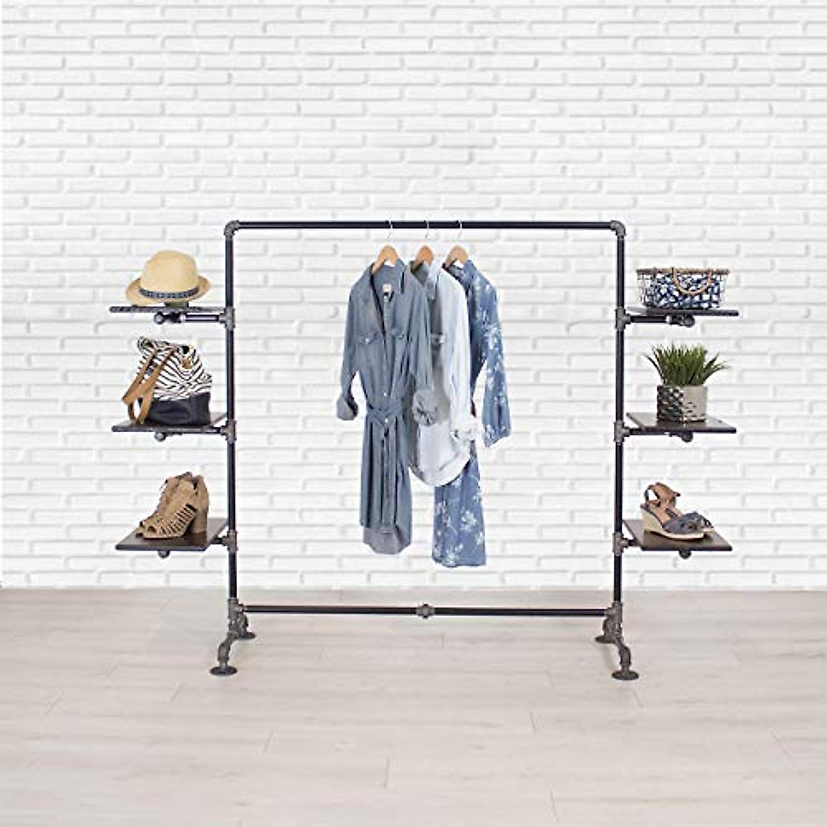 Industrial Pipe Clothing Rack with Wood Side Shelves by William Robert's Vintage