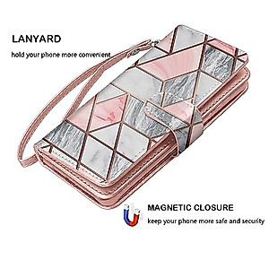 NJJEX Galaxy Z Flip 4 5G Case, for Samsung Galaxy Z Flip 4 5G Wallet Case, [9 Card Slots] PU Leather ID Credit Holder Folio Flip [Detachable] Kickstand Magnetic Phone Cover & Lanyard [Marble Pink]