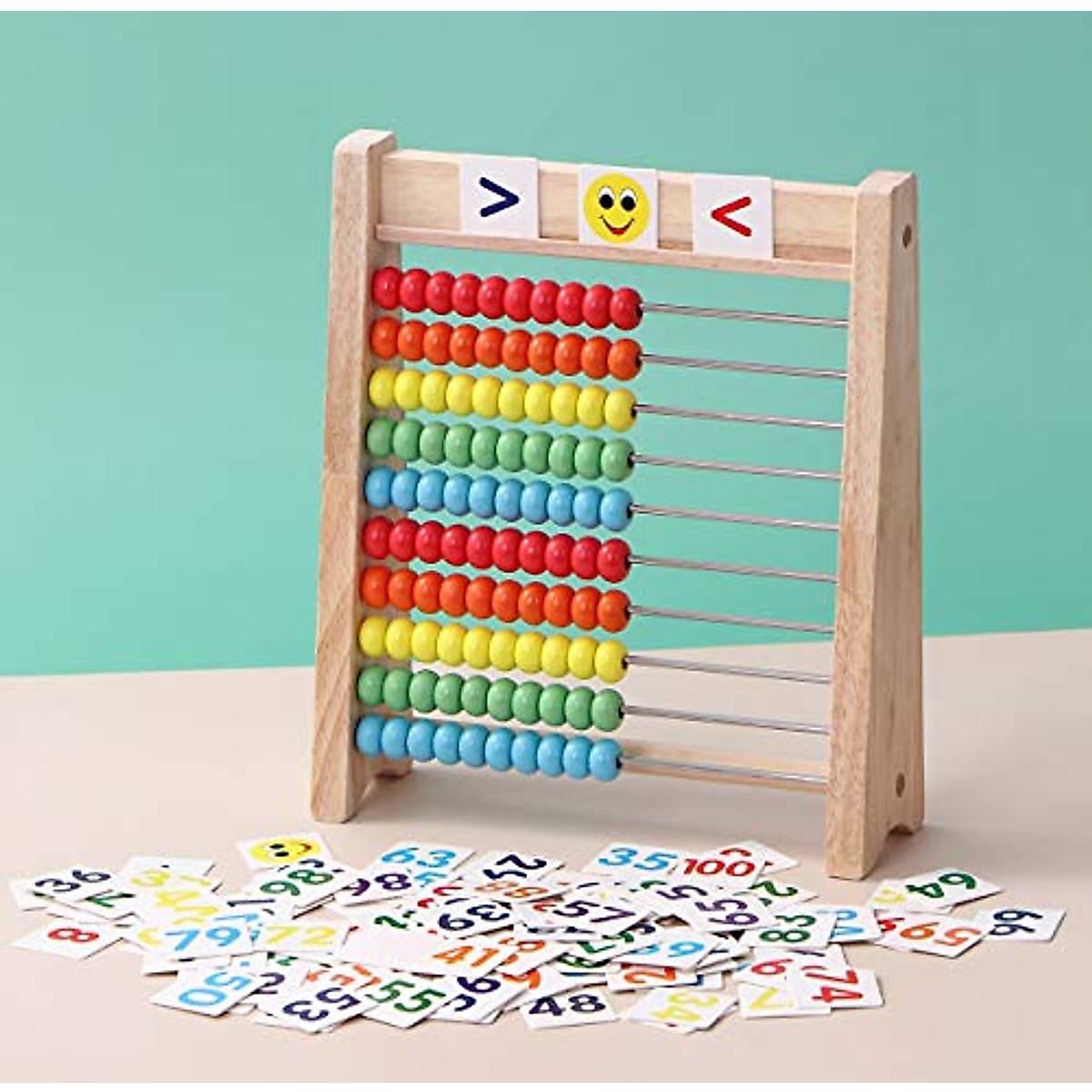 Educational Abacus for Kids Math - 10 Row Wooden Counting Frame with Number 1-100 Cards - Teach Counting, Addition and Subtraction, Preschool Learning Math Toys for Boys Girls Gift 3 4 5 Year Old