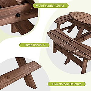 Giantex Wooden Picnic Table Set with Wood Bench, 4 Adults or 8 Kids Outdoor Round Table with Umbrella Hold Design, Perfect for Outdoor Garden Yard Pub Beer Dining, Dark Brown