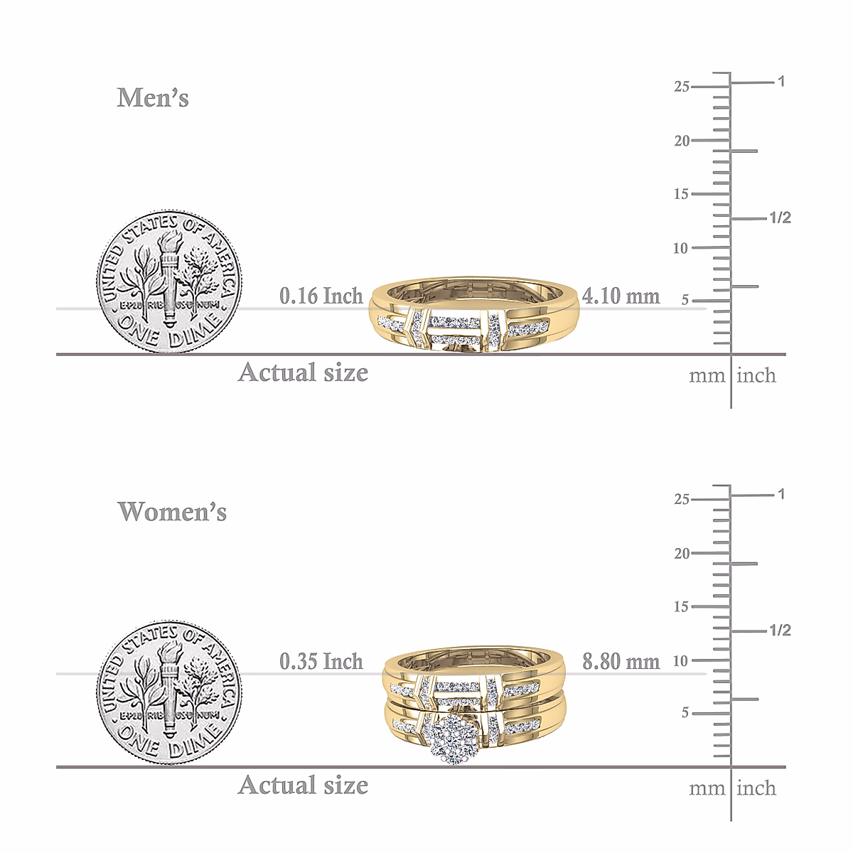 Dazzlingrock Collection 0.50 Carat (ctw) Round White Diamond Unisex Cluster Engagement Trio Ring Set in 14K Solid Yellow, W-7.5 & M-13