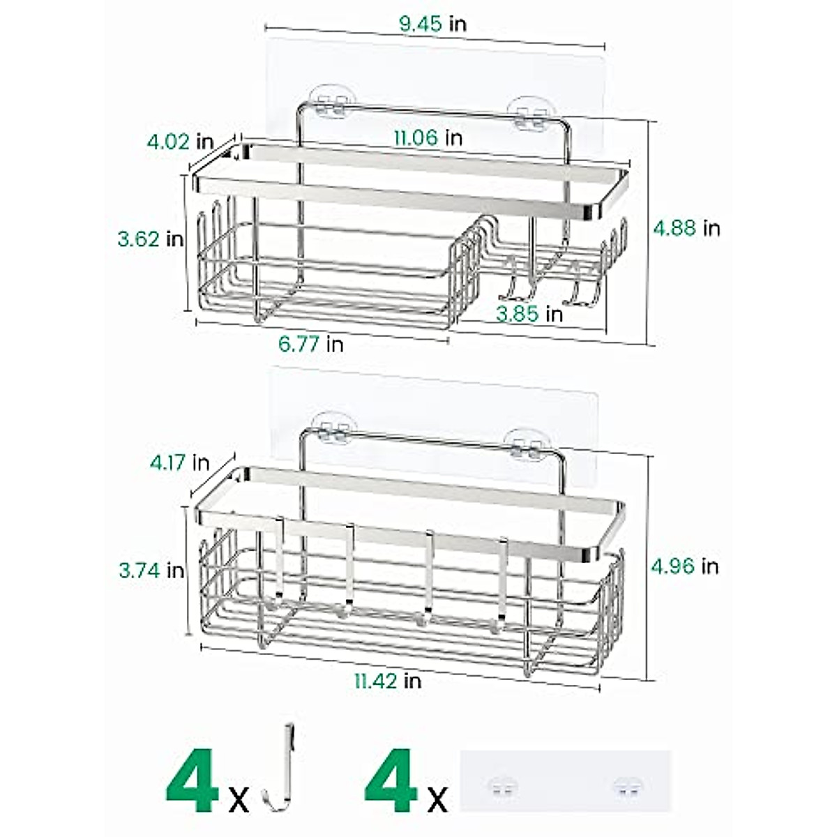 PARAKE Shower Caddy Organizer with Soap Holder, 2-Pack SUS304 Stainless Steel Shower Shelves, Self Adhesive Rustproof Shower Caddy with Hooks, for Bathroom Shampoo Soap Storage Kitchen Rack, Silver