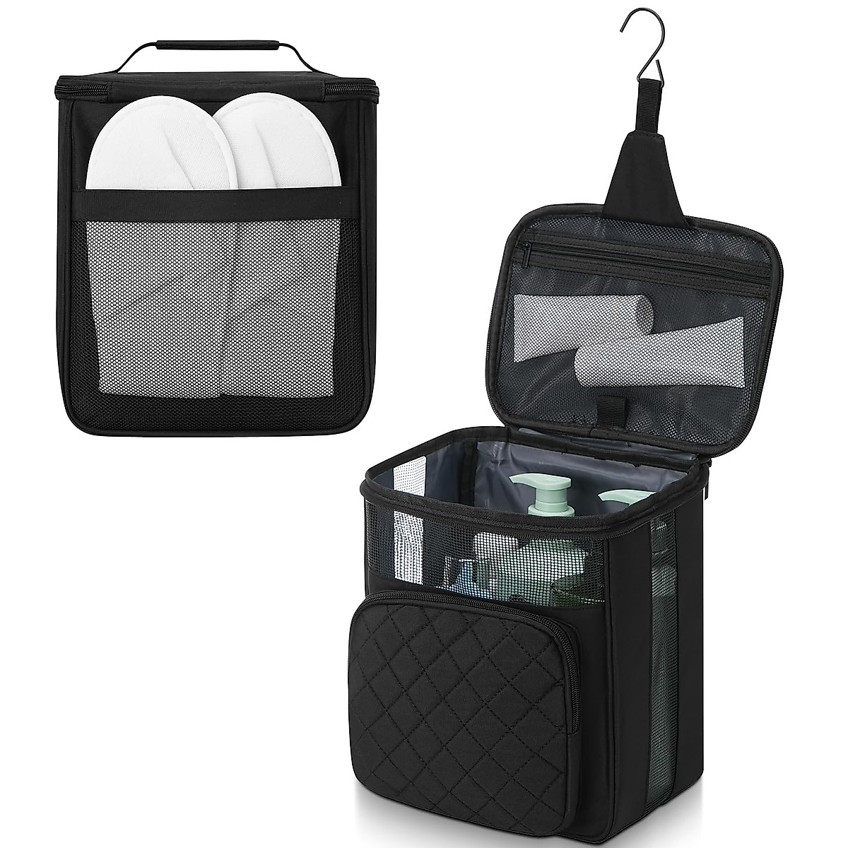 KUSOOFA Shower Caddy Tote Bag Portable Quick Dry,College Dorm Room Essentials for Girls Mesh Shower Bag Hanging for Women,Camp,Gym,Travel (Black quilted)