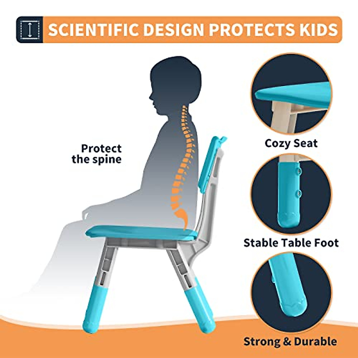 wanan Kids Table and 4 Chairs Set, Multi Levels Height Adjustable Toddler Table and Chairs Set for Daycare, Classroom, Home, Playroom, Easy to Clean Arts & Crafts Table for Ages 2-10 (Light Blue)