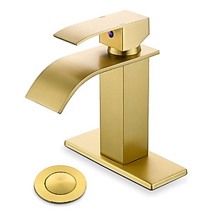YardMonet Gold Bathroom Faucets, Modern Single Hole Bathroom Faucet Waterfall Spout Bathroom Faucet Brushed Gold Bathroom Sink Faucet with Drain Assembly and Lead-Free Hose