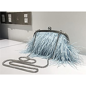 Vintage Fluffy Ostrich Feather Evening bags and Clutches for Women Pearl Chain Tote bags Bridal Purses Wedding Party Blue