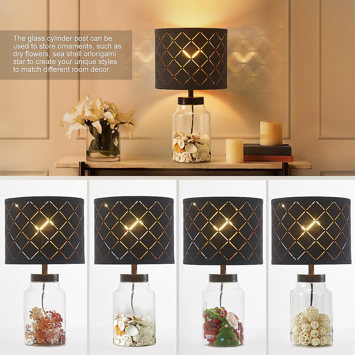 GyroVu Fillable Table Lamp, Lamp with Clear Glass Fillable Modern Table Lamp with Black Square lampshade Beside Lamp for Living Room Bedrooms Office Bulbs Included(Black Square)
