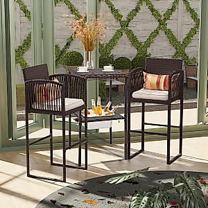 Sundale Outdoor 3 Pieces Wicker Bar Furniture Set for 2, Patio Stools and Bar Set with Glass Holder & Ice Bucket, Counter and 2 Pub Stools, High Top Bistro Dining Set, Brown Rattan and Beige Cushions