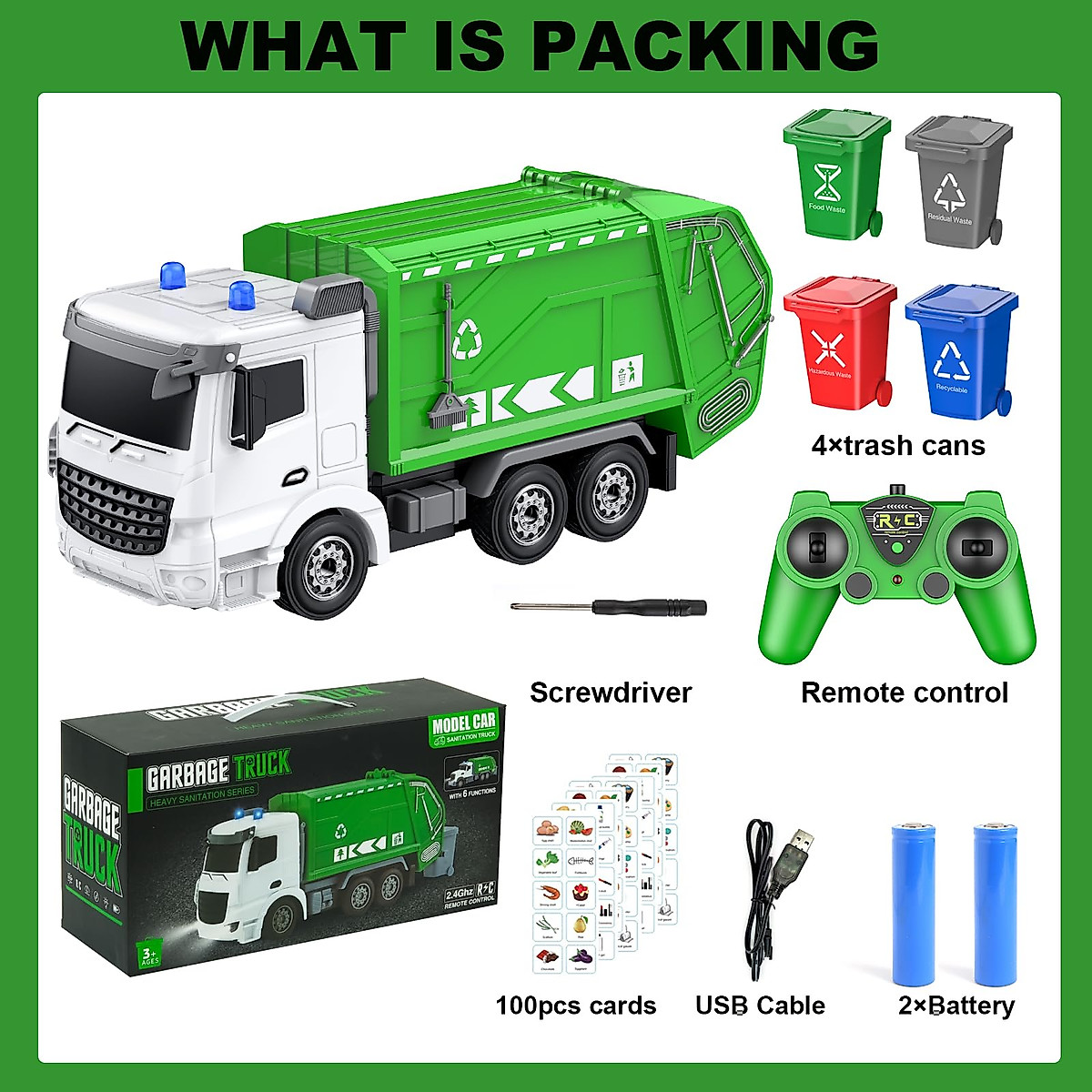 CALEST 2.4Ghz RC Garbage Truck with 4 Trash Cans, 6 Channel Remote Control, Waste Management Toy, 100pcs Garbage Sorting Cards, Boys 3+