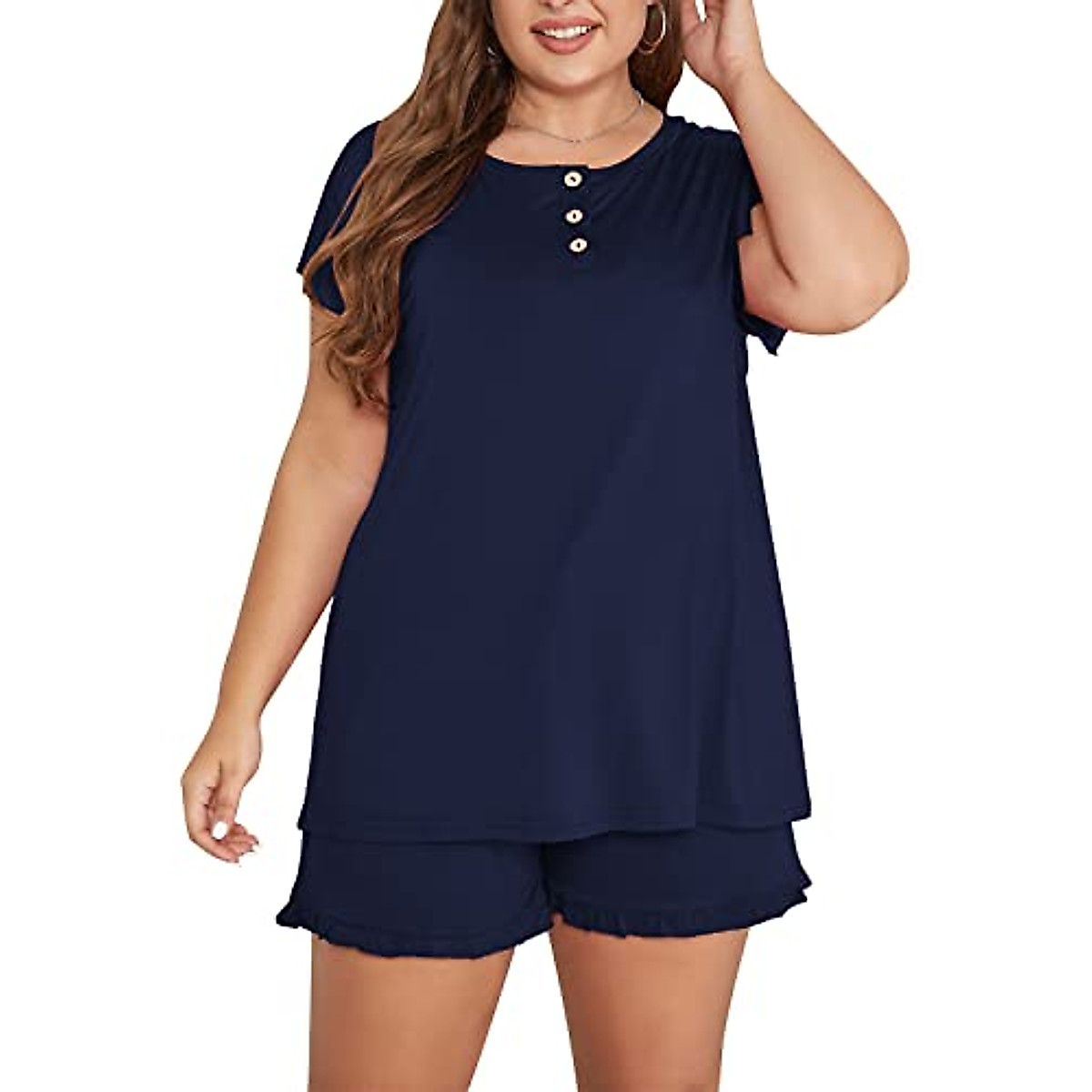 Celkuser Womens Plus Size Cute Short Pajama Set Ruffle Sleeve Button Sleepwear Soft PJs with Pocket CEL1002(cel1002,5XL,Navy)