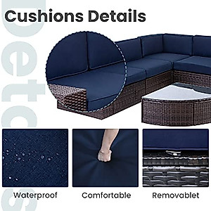 Incbruce 6-Piece Outdoor Furniture Sofa Set, All-Weather Gray Wicker Sectional Couch, Patio Conversation Sets with Glass Coffee Table and Washable Cushions(Navy Blue)