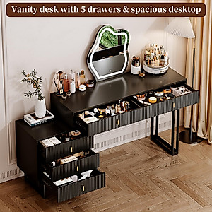 Ieejdn Makeup Vanity Desk with Cloud Lighted Mirror with Power Outlet and LED Strip, 3 Color Lighting Modes with Adjustable Brightness, 5 Large Drawer Vanity Table,for Bedroom, Grey