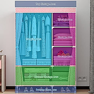 Wardrobe Portable Closet Clothes Storage Organizer with Pink Fabric Cover and Hanging Rails, Quick and Easy to Assemble, Extra Sturdy, Clothing Storage Closet Shelves for Bedroom, Cloakroom, Apartment