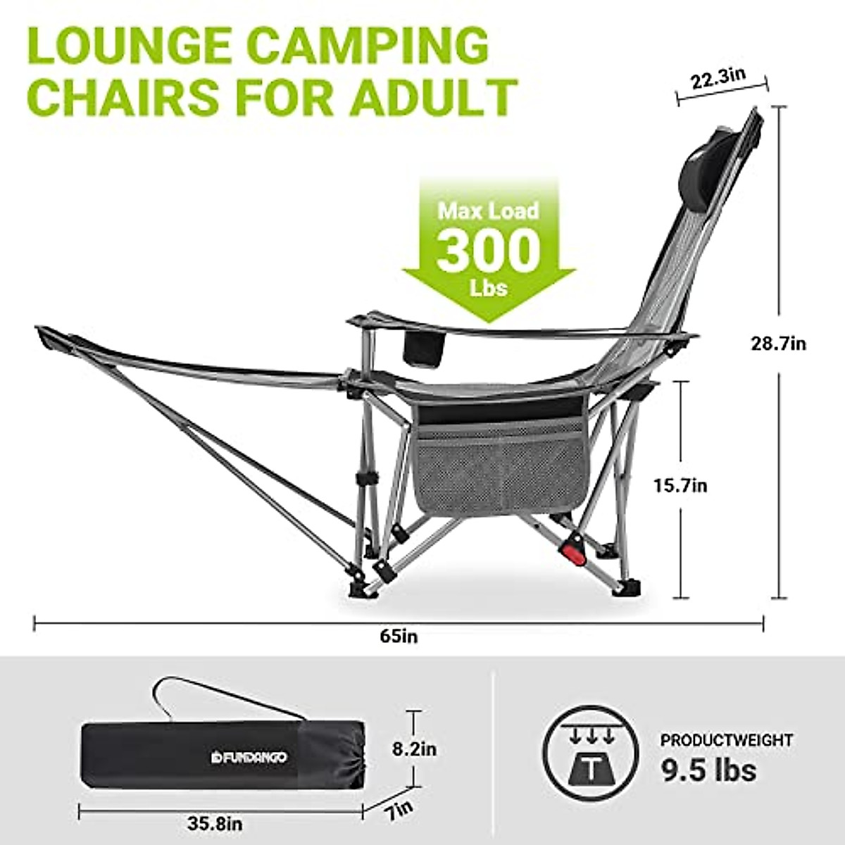 FUNDANGO Reclining Camping Chair 3-Position Adjustable Folding Lounge Chairs with Footrest for Adult Support Up to 300lbs, Suit for Lawn,Office,Backyard,Camping,Concert,Garden(Black/MediumGrey)