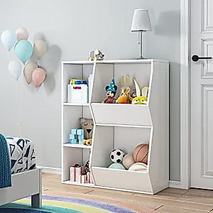 HORSTORS Toy Storage Organizers, Kids Bookcase and Bookshelf, Open Muti-Bins Toy Storage Display Cabinet for Girls & Boys Bedroom, Playroom, Nursery, Classroom, White