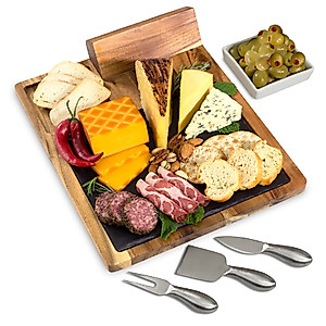Zelancio Slate Cheese Board Set, 10 Piece Set Includes 4 Stainless Steel Cheese Tools, Premium Acacia Serving Tray with Slate Board, and Porcelain Olive Dish
