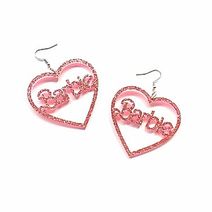 Cute Pair of Glitter Pink Heart Large Earrings with name Barbie. Great Pair of 1980’s Style Costume Earrings for 1980’s Costumes, Cute Dress Up Parties, and More. Great Pair of Pink Heart Earrings with Glitter. Super Cute Large Pair of Heart Earrings for