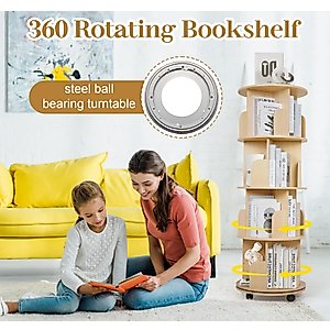 tonchean 4 Tier Rotating Bookshelf Tower,Wood Revolving Bookcase with Wheels Vertical Kids Toddler Bookshelf with Storage,Corner Display Bookshelf Rack for Library Study Office Living Room
