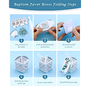 YETOOME 100 Pcs Baby Shower Favors for Boys, Angel Keychains Favor Baptism Favor Boxes White Organza Bags with Drawstring Thank You Tags for Baby Shower Baptism Party Gift, 25 Sets (Blue)