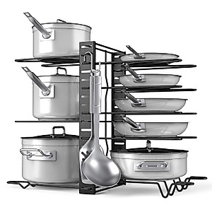 Devan Pots and Pans Organizer Adjustable 8+ Pots and Pans Oragnizer, Kitchen Counter and Cabinet Pot Lid Holder with 3 DIY Methods (6 Hooks Included)