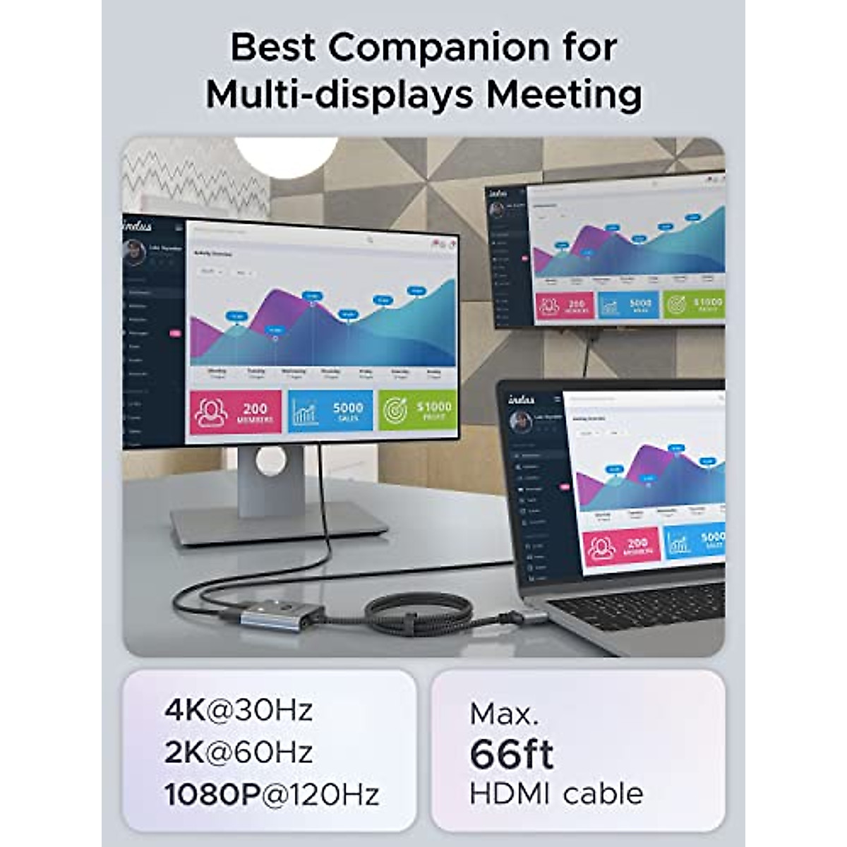 Warrky HDMI Splitter, Duplicate/Mirror, 4K HDMI Splitter 1 in 2 Out [Metal Case, Gold-Plated] with 3.3 Ft Braided HDMI Cable, Powered Splitter, 1 Source to 2 Identical Displays for TV, Projector