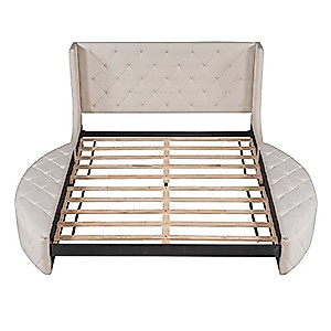 YUNLife&Home Upholstered Queen Size Platform Storage Bed with Wingback Headboard, 1 Big Drawer and 2 Side Storage Stool, Velvet Upholstered Bed Frame, Wooden Bed Frame, No Box Spring Needed