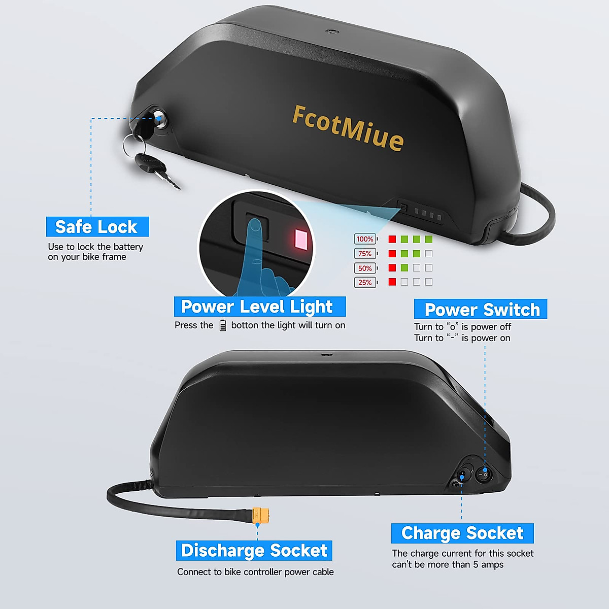 FcotMiue Ebike Battery Pack 48V 24.5Ah Polly Electric Bike Downtube Lithium ion Batteries 5 Pin w/40A BMS丨3A Charger丨XT60 Port for 350W 500W 750W 1000W 1500W Motor (US Warehouse 2-5 Day Delivery)