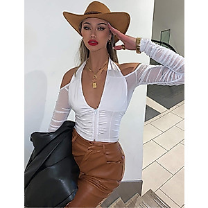 Sexy Halter Top Cold Shoulder Mesh Patchwork Long Sleeve Cropped T Shirts Women Trendy Going Out Y2k Deep V Neck Ruched Corset Crop Tops (White, M)