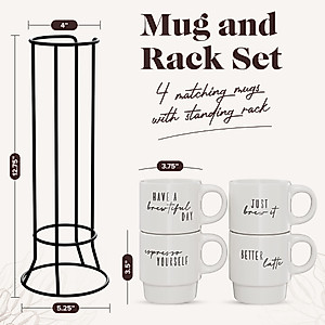 American Atelier Coffee Mug Set with Coffee Mug Rack | Coffee Mugs Set of 4 | Stackable Coffee Mugs with Rack | Coffee Cup Set with Coffee Cup Rack | Have a Brewtiful Day Print | Ceramic Mug