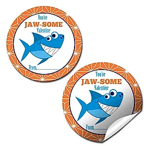 You’re Jawsome Smiling Shark Valentine Party Favor Sticker Labels, 40 2" Party Circle Stickers by AmandaCreation, Great for Classroom Valentines, Envelope Seals, Gifts & Treats
