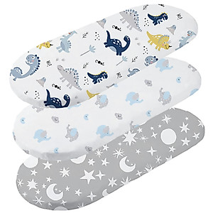 Plushii Bassinet Sheets for Baby Boys 3 Pack, 32"x 16" Extra Soft Microfiber Bassinet Sheet Universal for Oval Rectangle and Hourglass Bassinet Mattress, Dinosaur & Blue Elephant & Stars