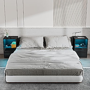 HOMMPA Open Shelf LED Nightstand with Charging Station Modern Black Bedside Table with Led Light 2 Drawers End Side Table High Gloss Night Stand Smart Nightstands Night Table for Bedroom 26.77in Tall