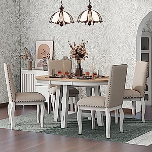 Merax 5 Piece Round Dining Table Set, Solid Wood Extendable Dining Table and 4 Upholstered Dining Chairs for Kitchen Dining Room (Oak Natural Wood + Antique White)