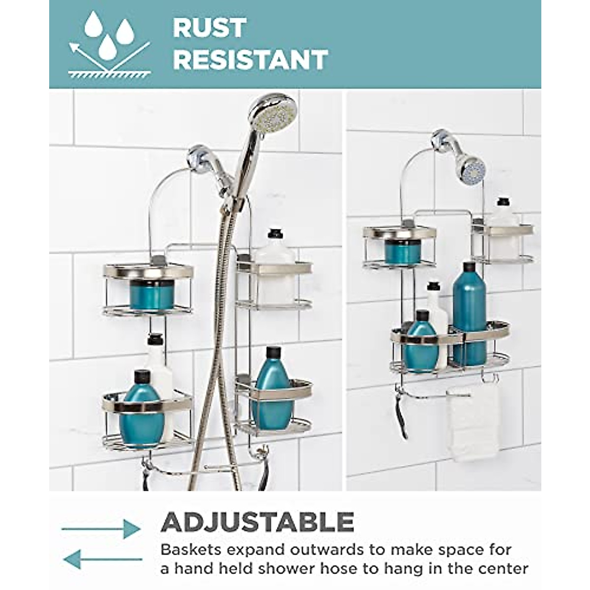Zenna Home Hanging Shower Caddy, Over the Shower Head Bathroom Storage, Stainless Steel, For Handheld Shower Hoses, Rust Resistant, No Drilling, Expandable Organizer, 4 Baskets, Razor Holders, Hooks
