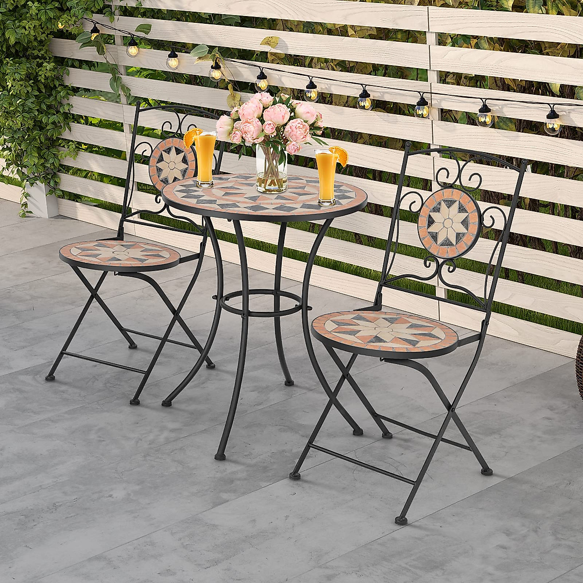 Tangkula 3 Pieces Patio Bistro Set, Outdoor Garden Furniture Set with Round Mosaic Coffee Table & 2 Folding Chairs, Portable Bistro Table & Chair Set for Balcony, Backyard, Poolside, Porch, Balcony