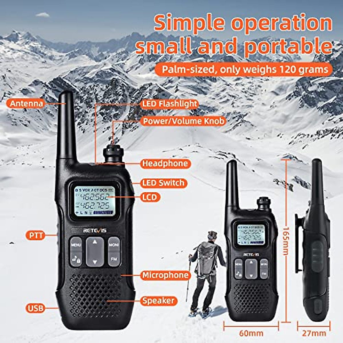 Retevis RT16 Walkie Talkies for Adults, Long Range Rechargeable Two Way Radio, NOAA Weather Alert VOX, 1000mAh Li-ion Battery and Lanyard, for Camping Hiking Outdoor Indoor(4 Pack)