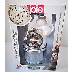 Joie Meow Cat Loose Tea Leaf Tea Infuser and Bowl Caddy, 18/8 Stainless Steel, Assorted Black and White