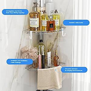 AIYAKA Tension Corner Shower Pole Caddy, Bathroom Storage Organizer, 65 to 106 inch Adjustable Height, with 2 Hooks, Silver