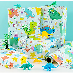 U'COVER Dinosaur Wrapping Paper Rolls Happy Birthday Gift Wrapping Paper Roll for Kids Boys Girls Baby Reversible Gift Wrap Dinosaur Star for Bday Party (DINOSAUR)