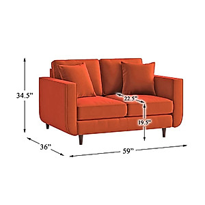 Lexicon Rand 59" Modern Velvet Loveseat with 2 Pillows in Orange