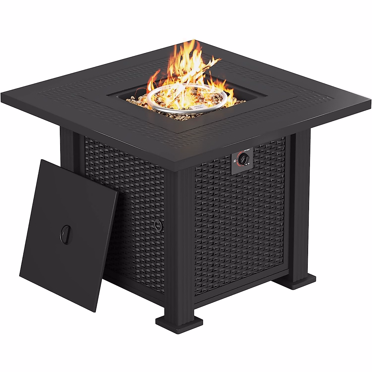 Greesum 28 Inch Outdoor Gas Fire Pit Table, 50,000 BTU Steel Propane Firepit with Lid and Lava Rock, Imitation Rattan Weave Texture, Add Warmth and Ambience to Parties On Patio Garden Backyard, Black