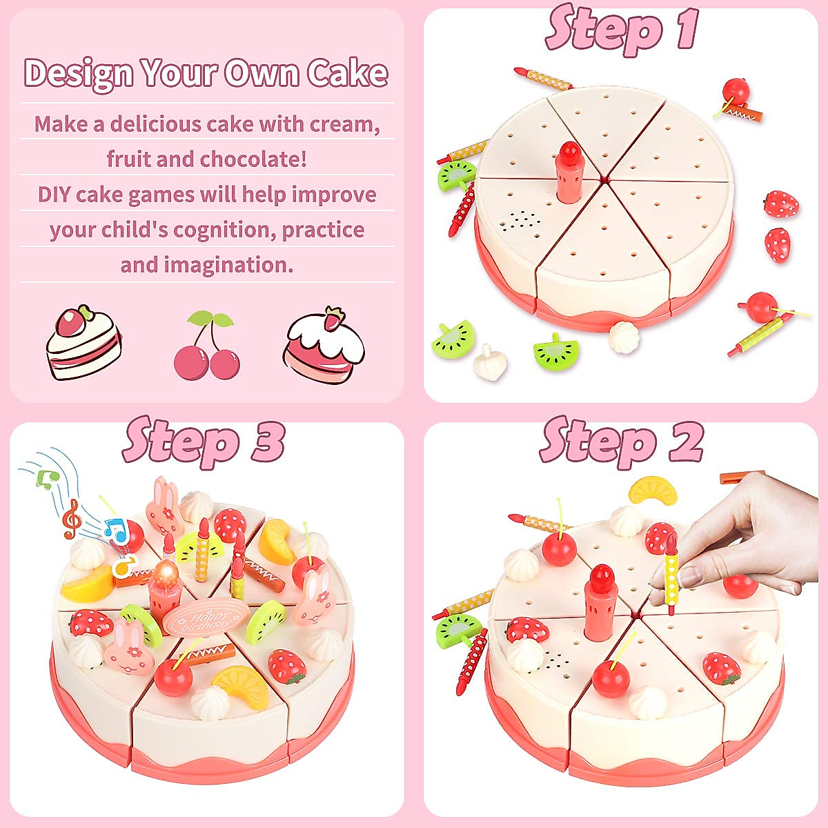 GILOBABY Birthday Cake Toy with Lights & Birthday Music, Pretend Play Cutting Food Kitchen Toy with Tea Set Bread Roll, Chocolate, Sandy & Dessert, Gift for Girls Boys 3 4 5 Year Old (82 PCS)