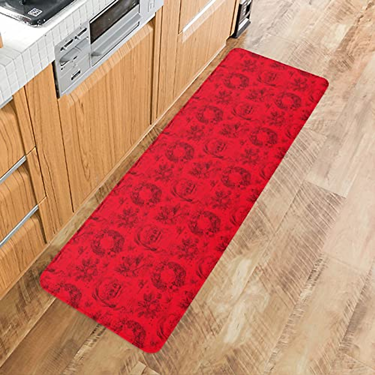 Libaoge Kitchen Mat Rug 1 PCS Christmas Santa Claus Poinsettia Flowers Wreath Red Runner Rug Anti-Fatigue Comfort Memory Foam Standing Mat Non-Slip Floor Door Mat for Bathroom Bedroom 18x47in