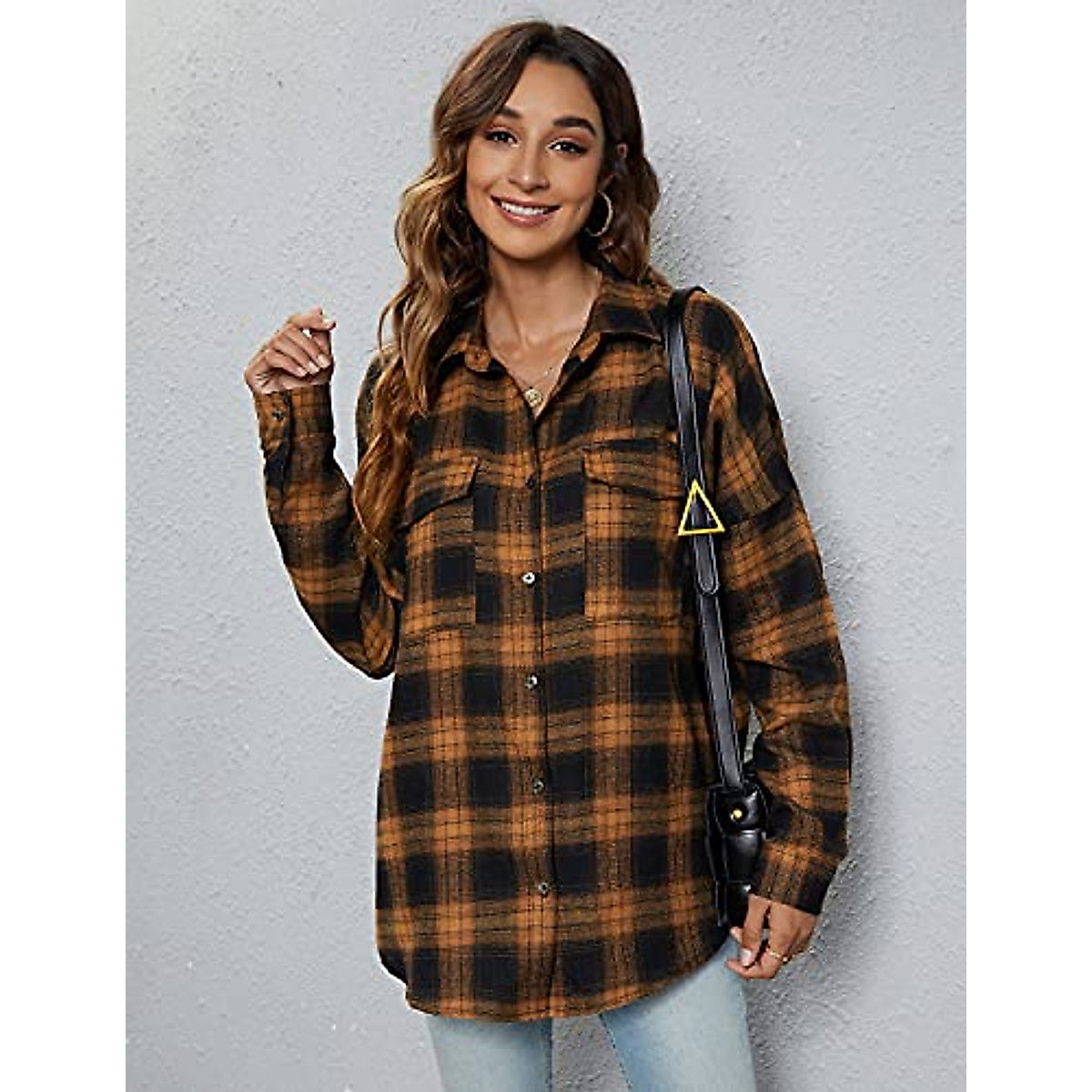Blooming Jelly Women's Button Down Shirts Long Sleeve Collared Business Casual Tops Work Blouses V Neck Flannel T Shirts (Medium,Brown Plaid)