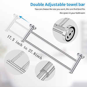 2PCS Double Adjustable Brushed Nickel Towel Bar 17 to 27 Inch, SUS304 Stainless Steel Towel Rack Wall Mounted