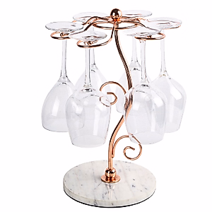 MyGift Countertop Wine Glasses Rack, Modern Copper Metal Wire Tabletop Stemware Holder Display Rack with White Marble Base