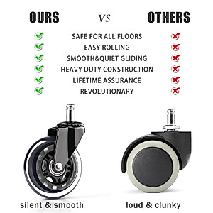 Office Chair Caster Wheels - 3" Rollerblade Rubber Replacement Chair Casters - Best Protection for Your Hardwood Floors No More Chair Mat Needed - Universal Fit,Smooth & Silent