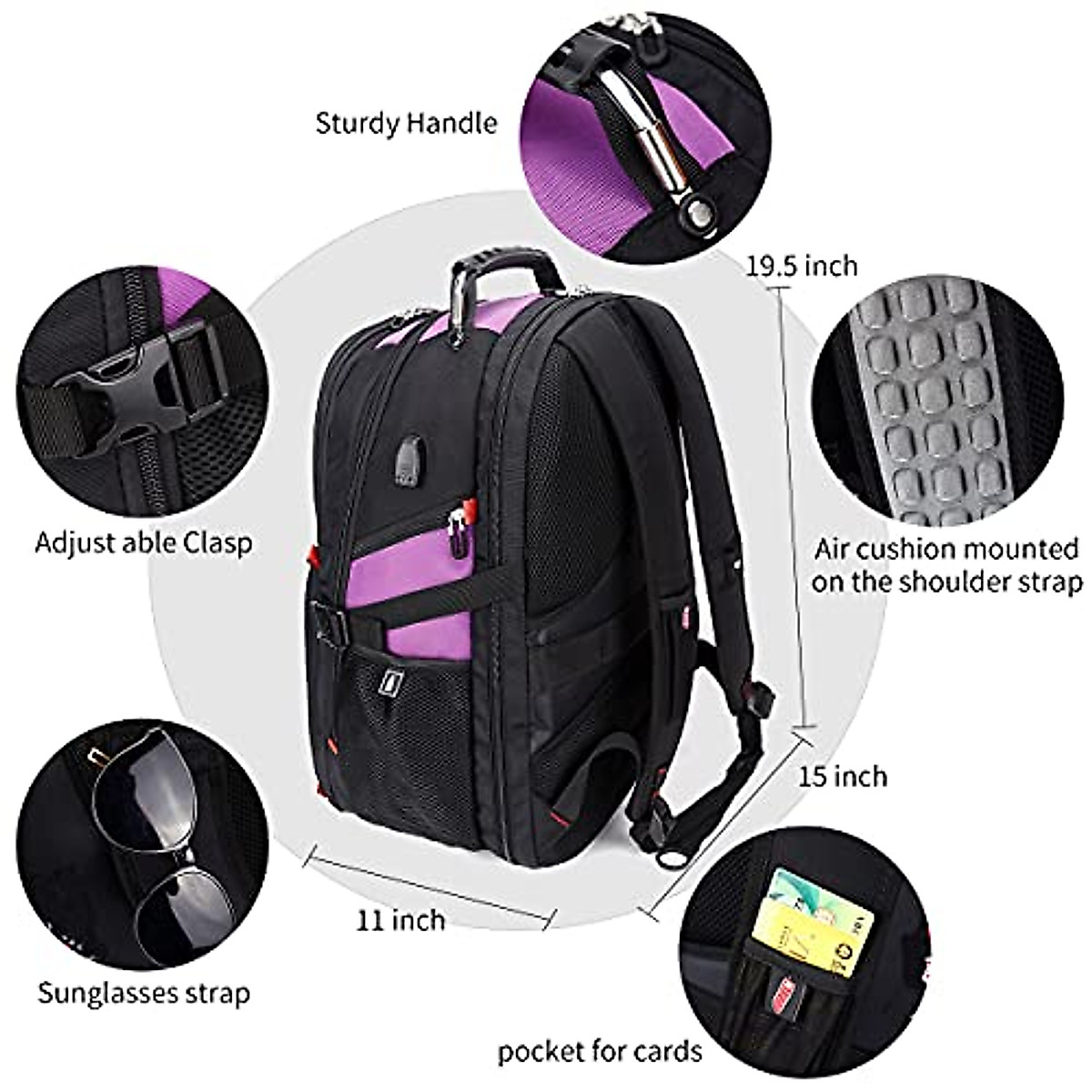 SHRRADOO Extra Large 52L Travel Laptop Backpack with USB Charging Port, College Backpack Airline Approved Business Work Bag Fit 17 Inch Laptops for Men Women,Purple