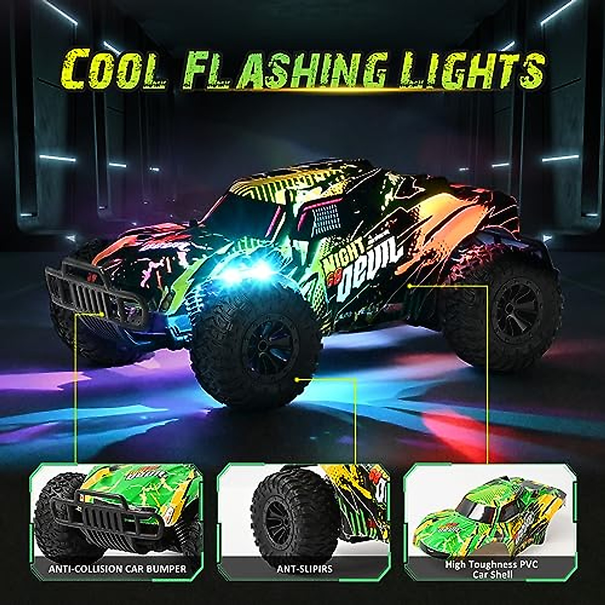 kolegend RC Cars 13 Inch Colorful Bodylight Remote Control Car for Boys 50+min Play with 2 Rechargeable Batteries, 20 km/h All Terrains Off Road RC Trucks Birthday Gift